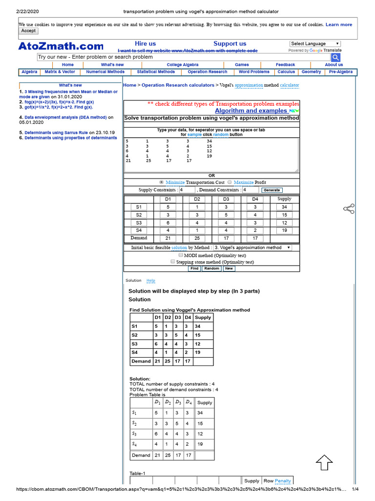 Transportation Problem Using Vogel S Approximation Method Calculator