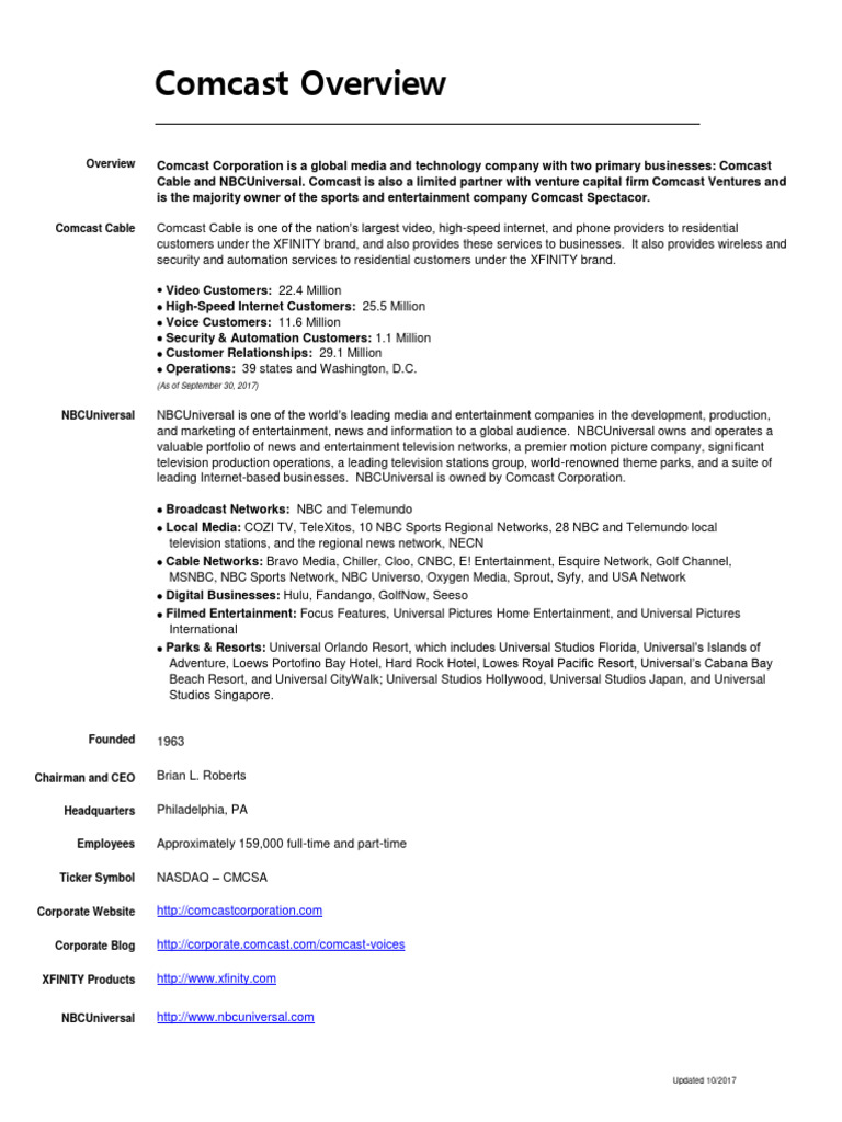 Comcast Media & Tech Overview 2017 | PDF | Nbc Universal | Comcast