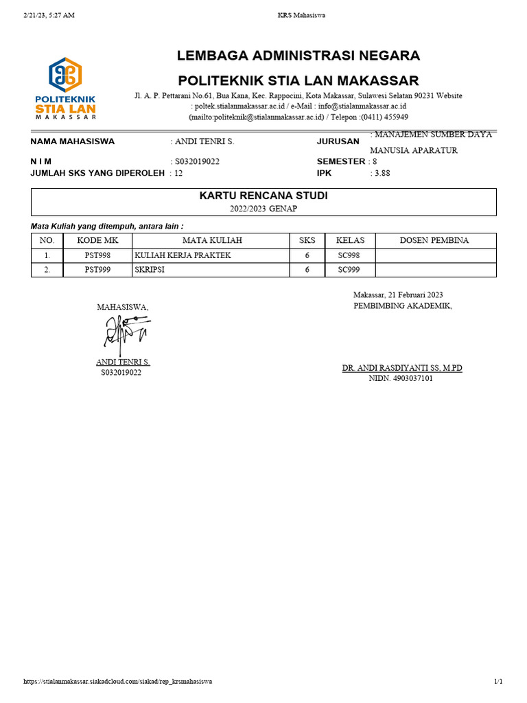 KRS Mahasiswa | PDF