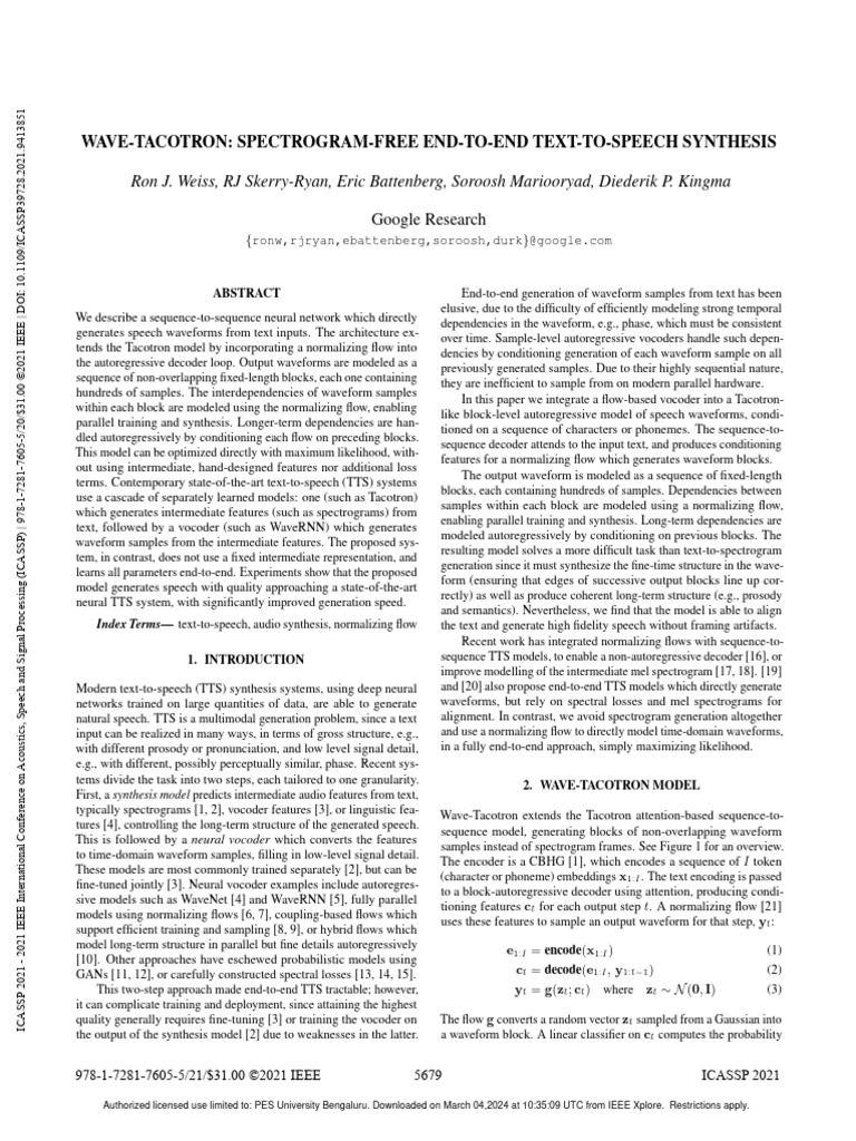 Wave Tacotron Spectrogram Free End To End Text To Speech Synthesis | PDF | Speech Synthesis ...