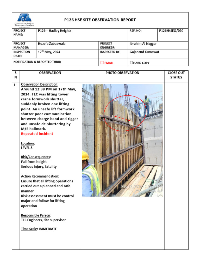 HSE Site Observation Report P126 | PDF | Scaffolding | Safety