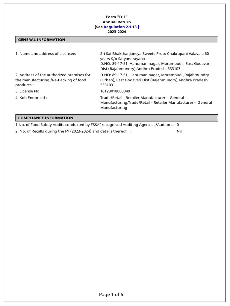 Form "D-1" Annual Return (See 2023-2024 General Information: Regulation ...