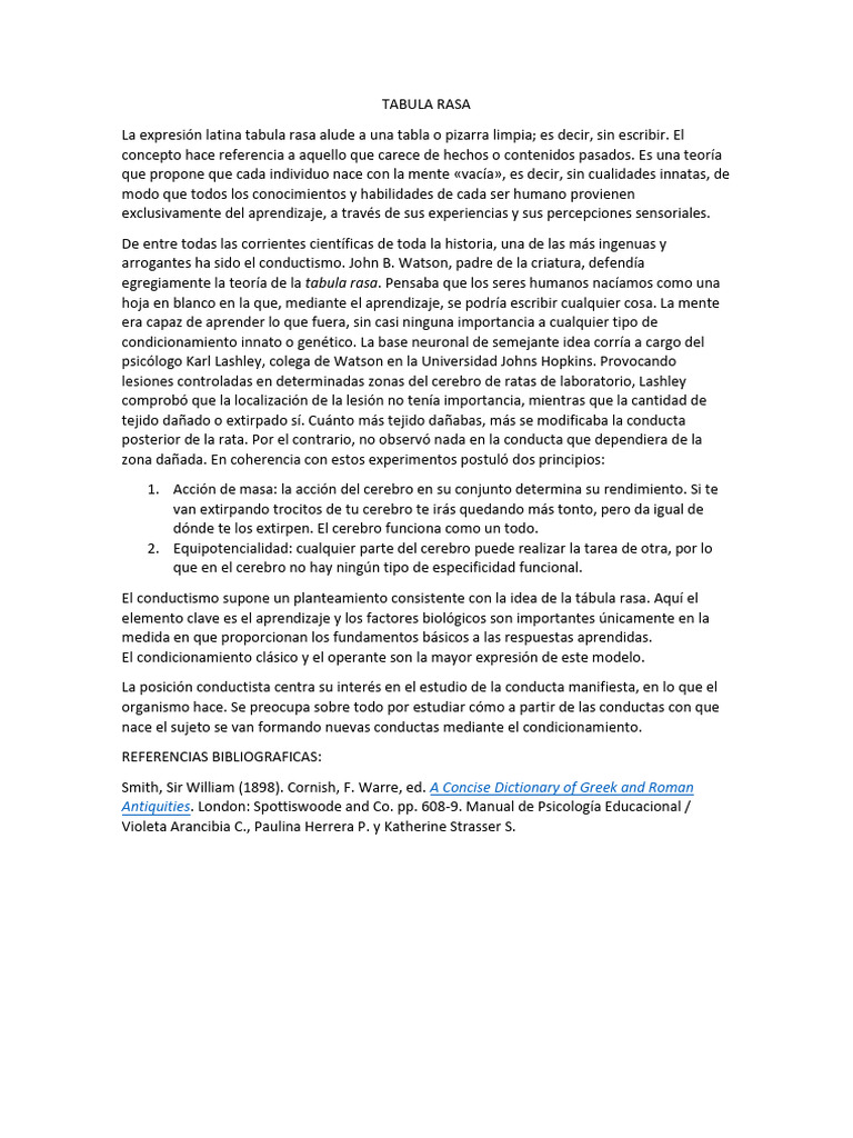 La Mente como Tabula Rasa | PDF | Behaviorismo | Aprendizaje