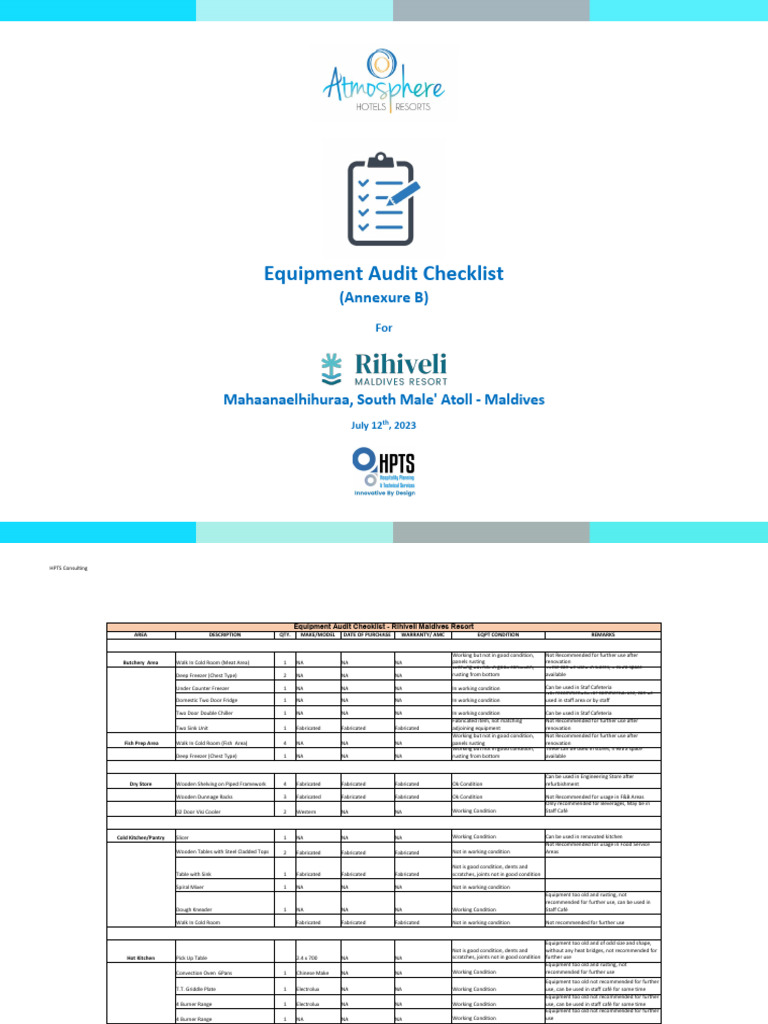 Equipment Audit Checklist for Maldives Resort | PDF | Washing Machine ...