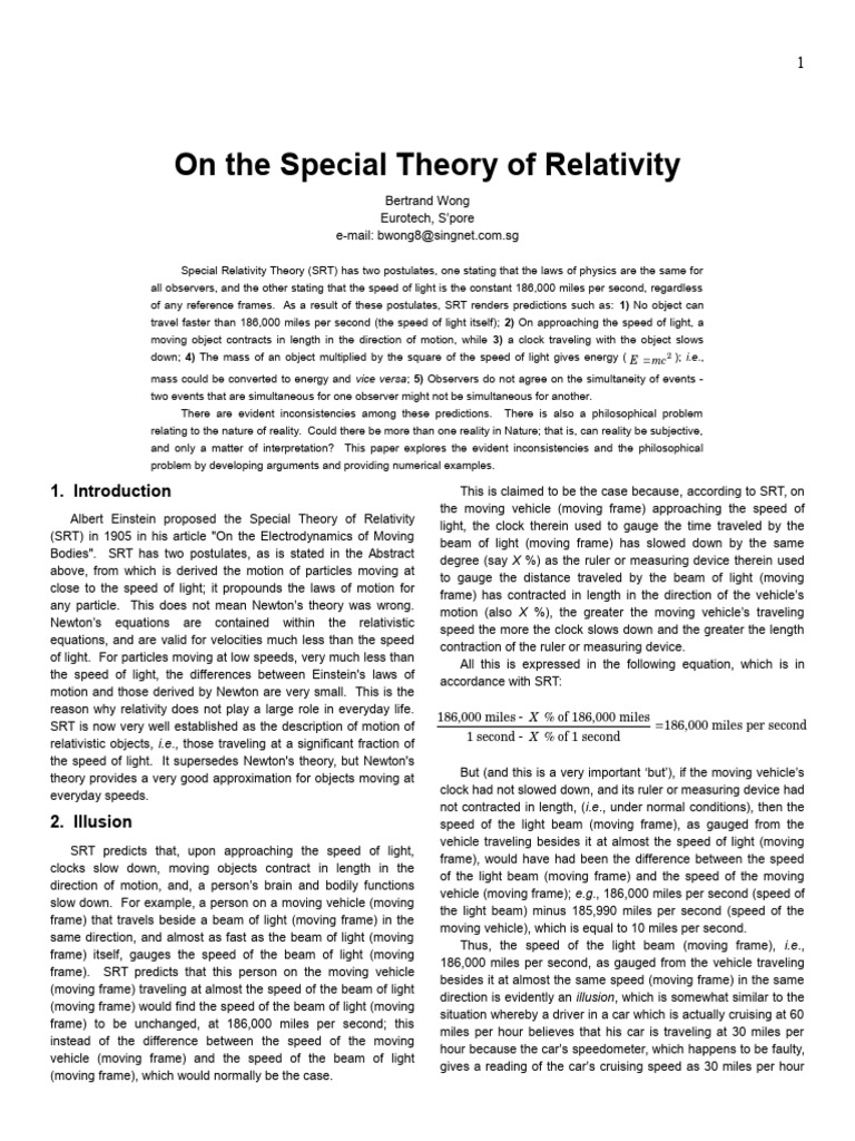 On The Special Theory of Relativity | PDF | Special Relativity | Speed ...