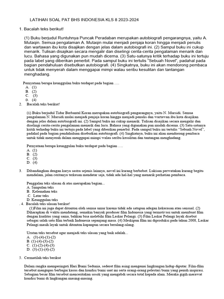 Latihan Soal Bindo KLS 8 Utk Pat 23-24 | PDF | Seni & Disiplin Bahasa | Kajian Bahasa Asing