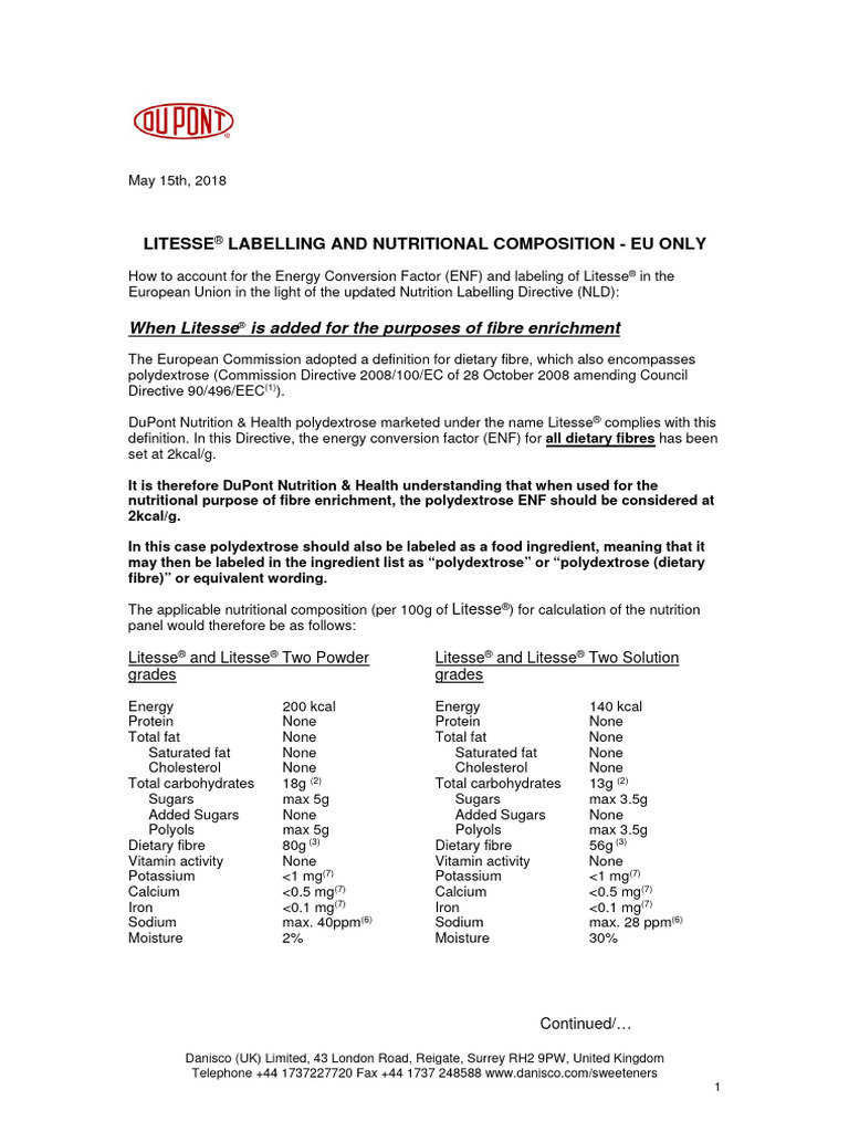 L124 Litesse Nutrition Data and Labelling - EU Only | PDF | Food Energy ...