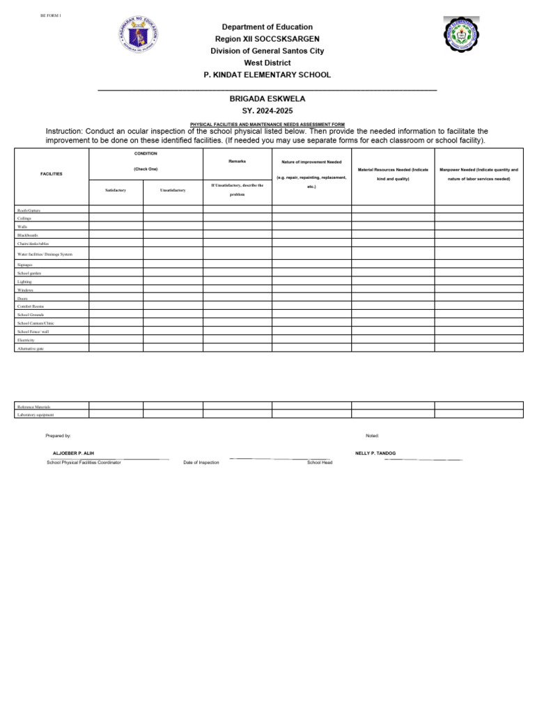 Brigada-Eskwela-Form-1-Physical Facilities - 2024-2025 | PDF