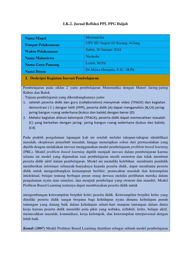 Contoh LK 2 PPL - Produk Bahan Refleksi | PDF