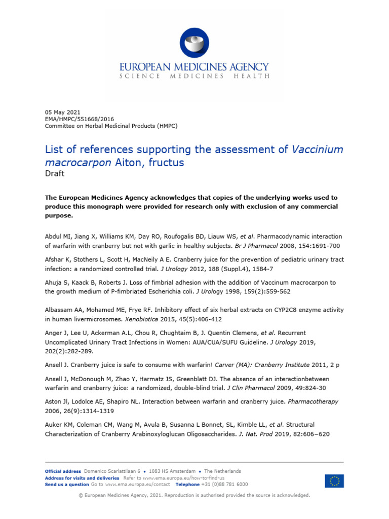 Draft List References Supporting Assessment Vaccinium Macrocarpon Aiton ...