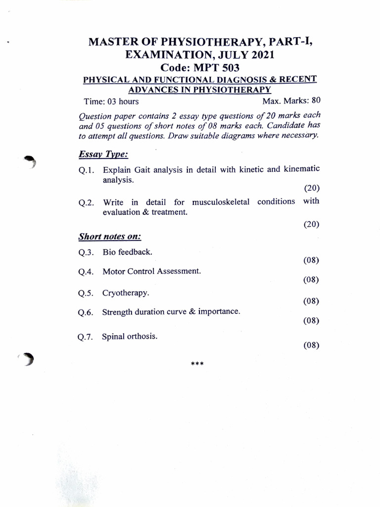 MPT- 1 Year Question paper ( Physical and Functional Diag.) | PDF ...