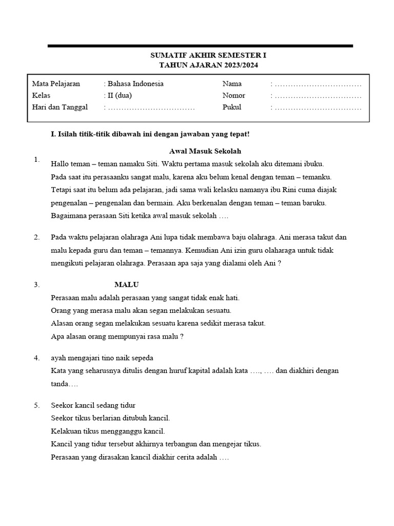Soal Sumatif Bahasa Indonesia Kelas 2 | PDF