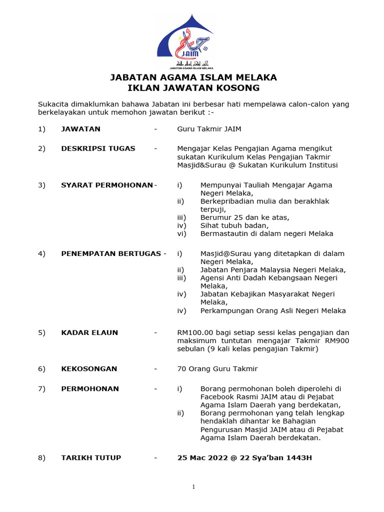 Iklan Jawatan Kosong Guru TAKMIR JAIM 2022 | PDF