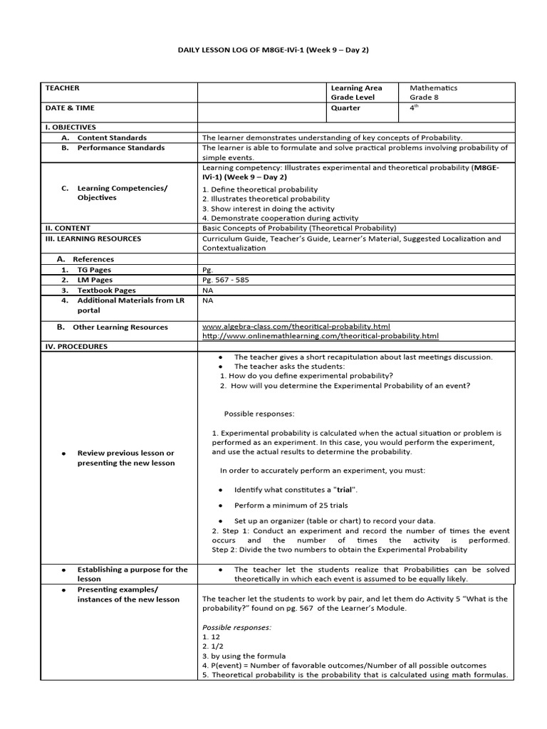 IV-Day 34 Detailed Lesson Plan Math-8 | PDF | Odds | Probability
