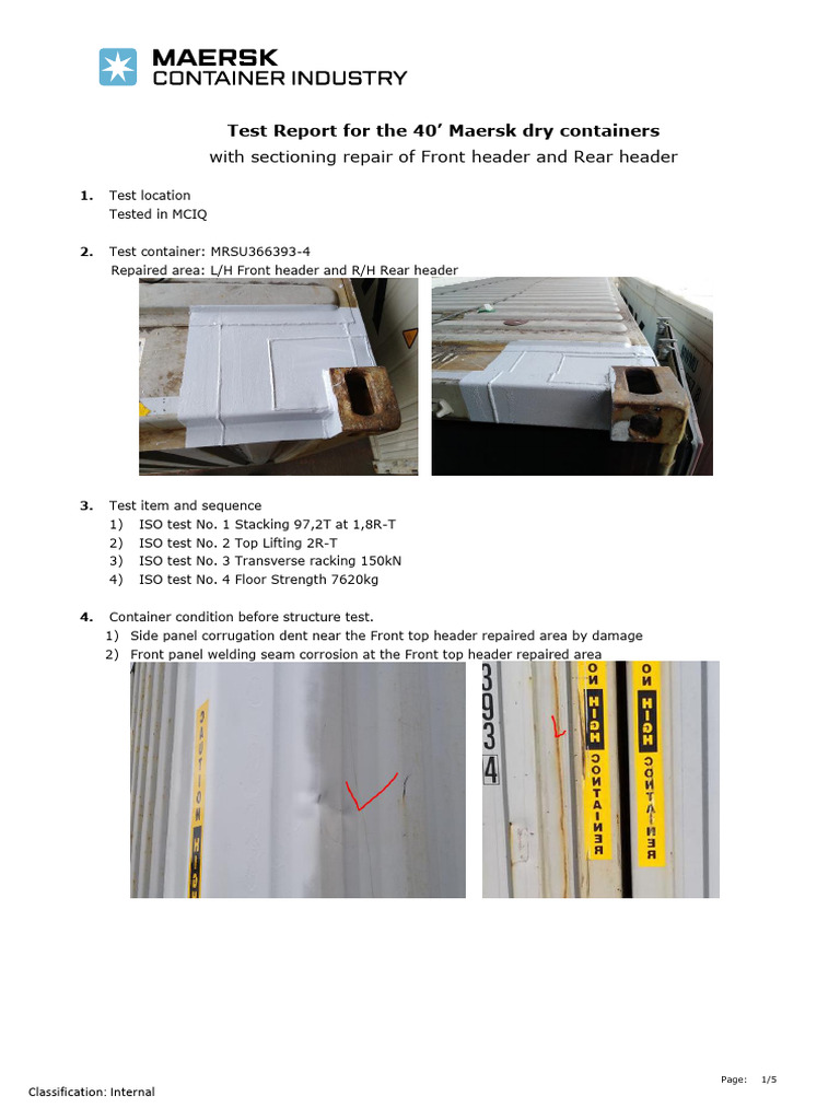 Test Report for 40ft Maersk dry containers with sectioning repair of ...