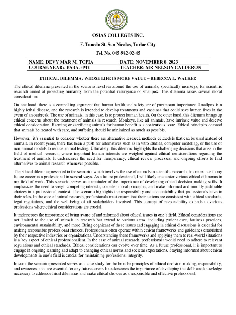 'Ethics Reflection (110923) Topia | PDF | Integrity | Morality