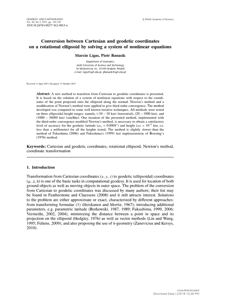 (Geodesy and Cartography) Conversion Between Cartesian and Geodetic ...