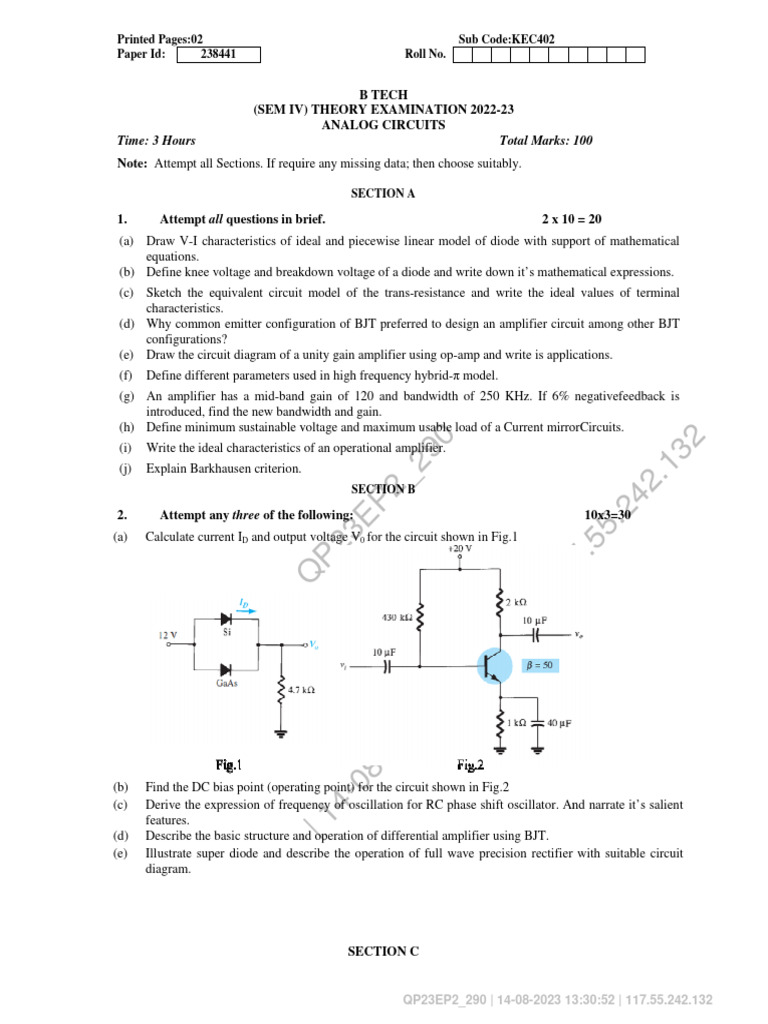 Btech Ec 4 Sem Analog Circuits Kec 402 2023 | PDF | Amplifier | Bipolar Junction Transistor