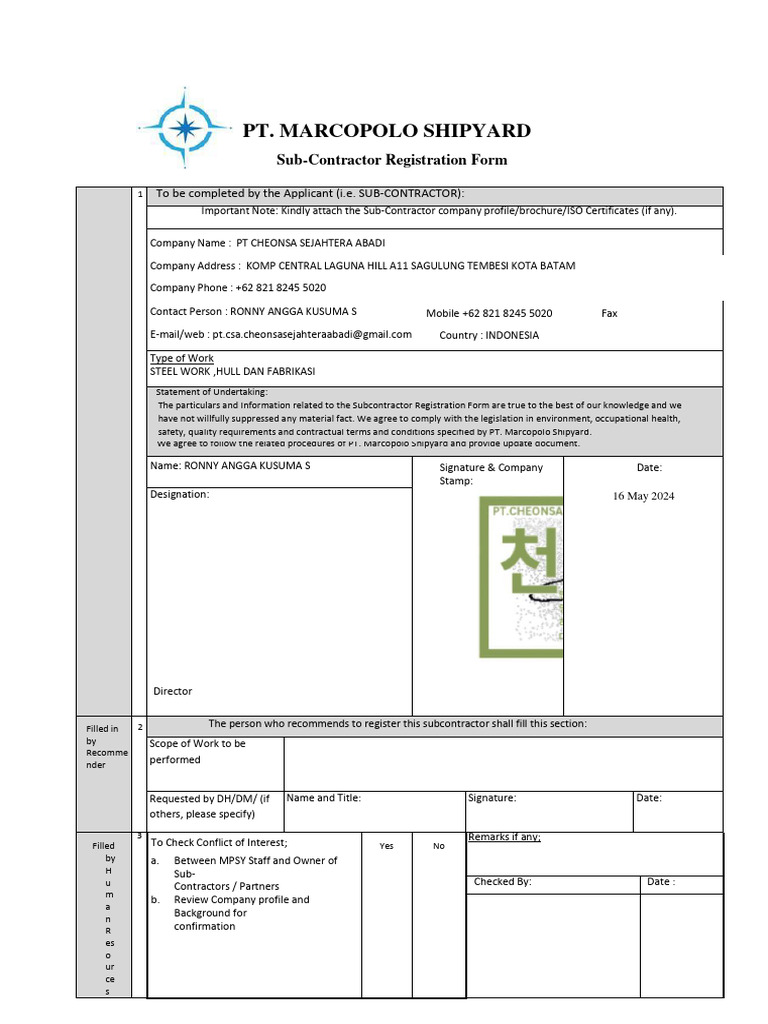 Subcontractor's Registration Form | PDF