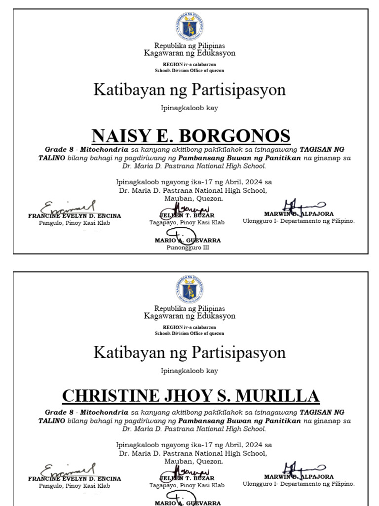 Sertipiko Tagisan NG Talino g8 | PDF