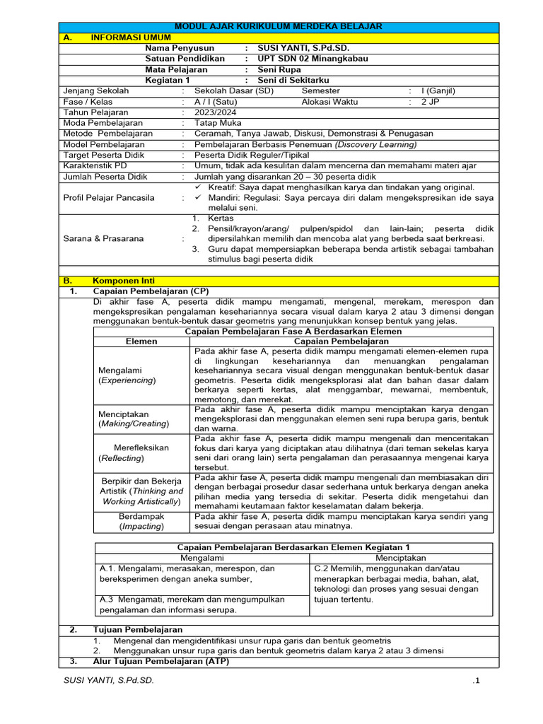 MODUL SENI RUPA KLS 1 2024 Terbaru | PDF