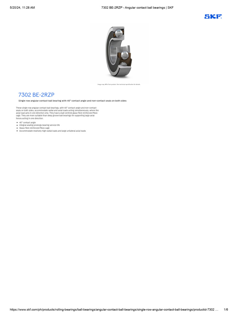 7302 BE-2RZP - Angular Contact Ball Bearings - SKF | PDF | Bearing (Mechanical) | Application ...