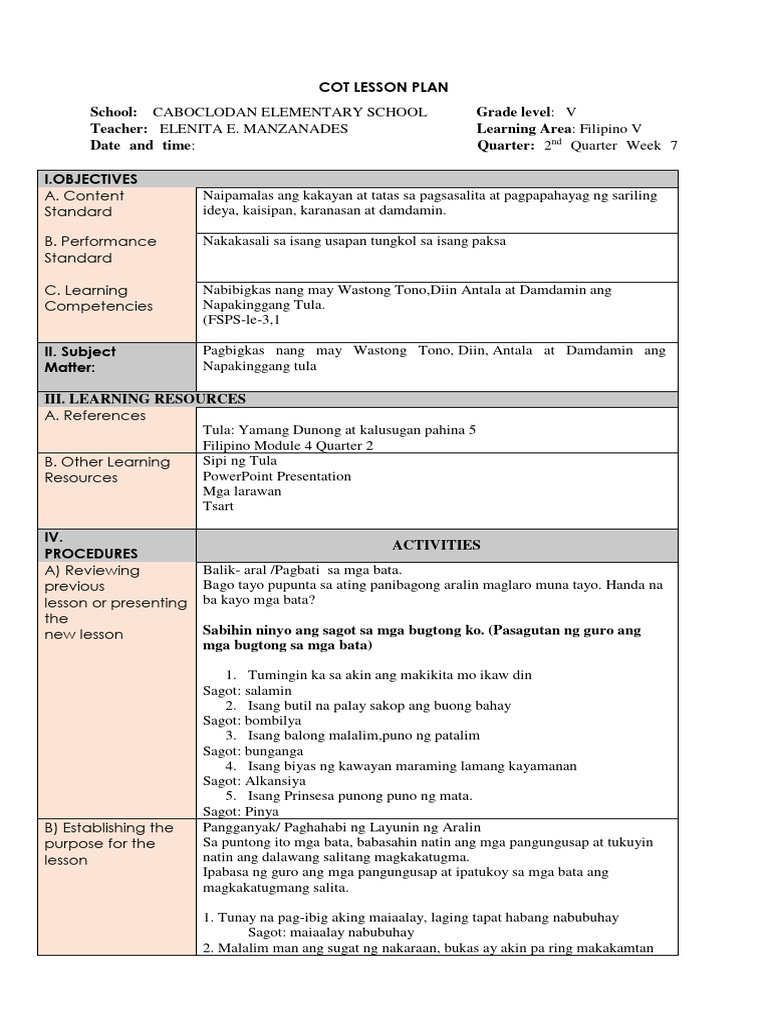 Cot Lesson Plan2 | PDF