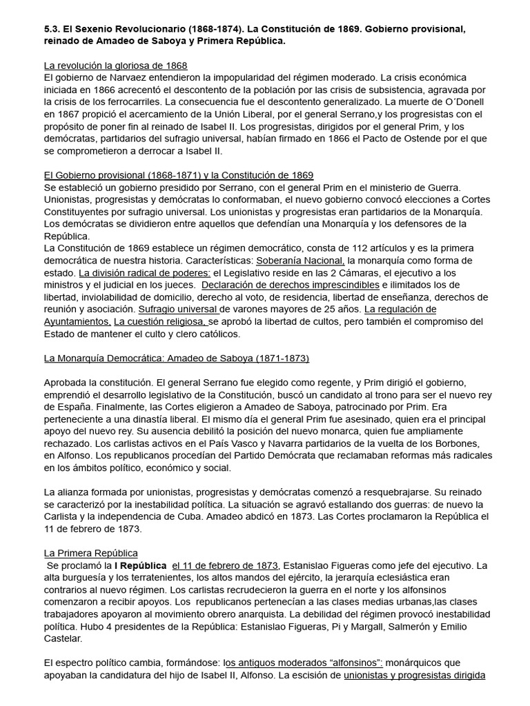 5.3. El Sexenio Revolucionario (1868-1874) - La Constitución de 1869. Gobierno Provisional ...