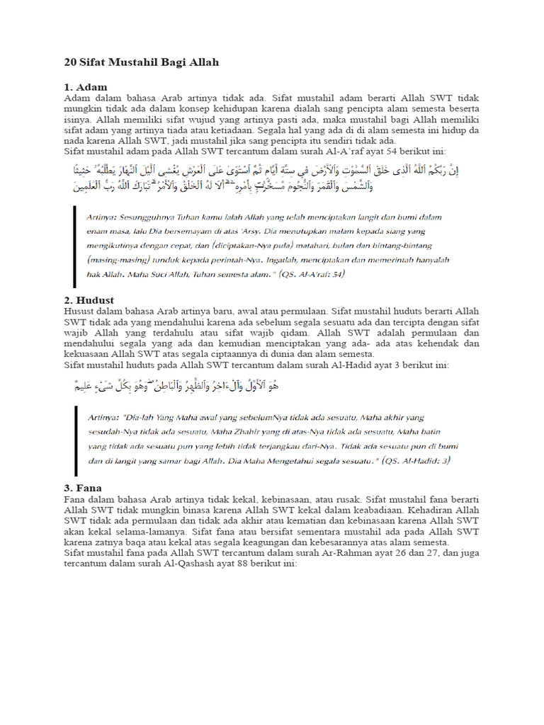 20 Sifat Mustahil bagi Allah SWT | PDF