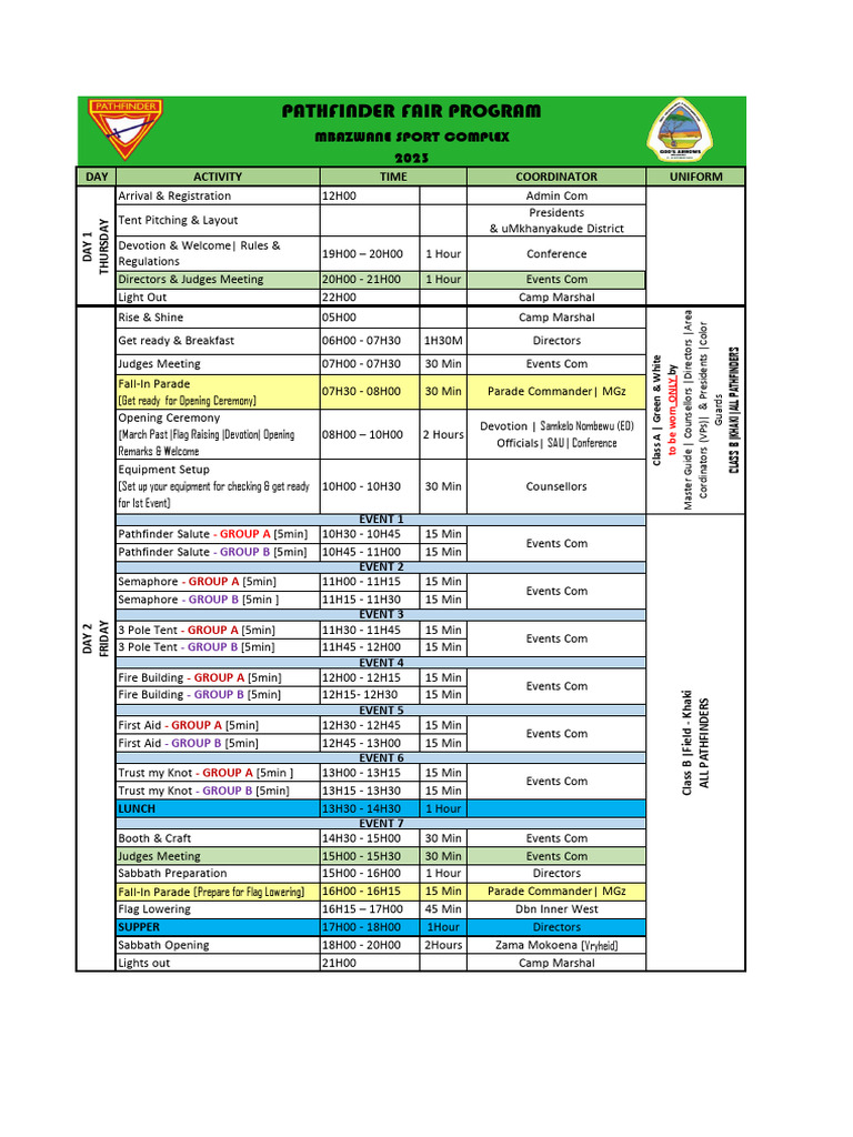 Pathfinder Fair Activities Schedule | PDF