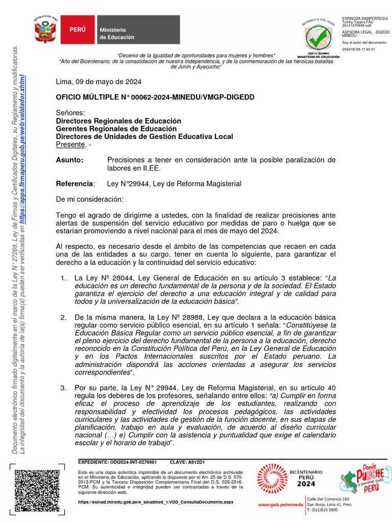 Oficio Multiple 00062 2024 Minedu VMGP Digedd | PDF | Educación primaria | Derecho Constitucional