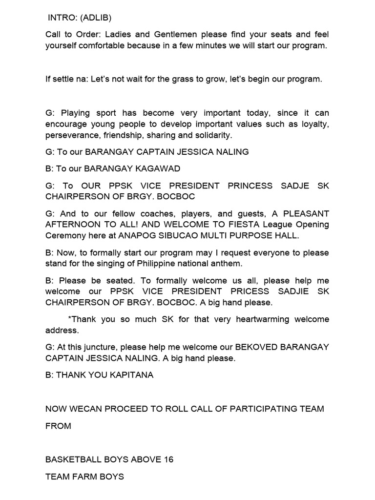 Opening Basketball Script | PDF | Sports & Recreation | Cooking, Food & Wine