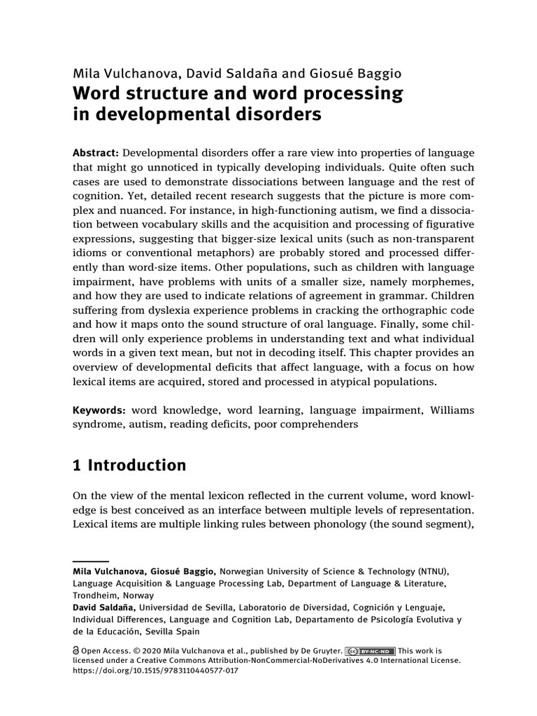 Word Structure and Word Processing in Developmental Disorders | PDF | Autism Spectrum ...