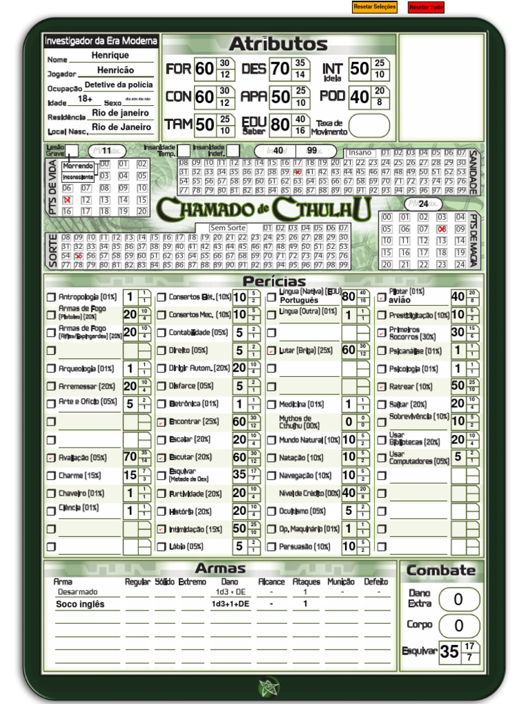 Chamado de Cthulhu Ficha Do Henricao | PDF