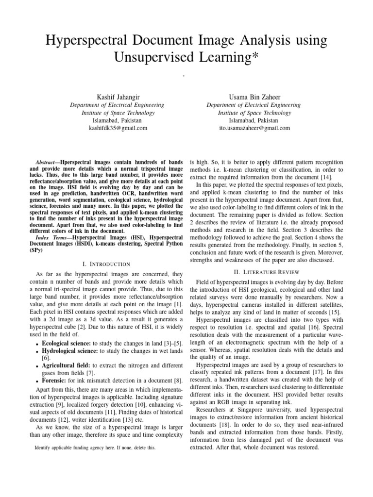 Hyperspectral Document Image Analysis Using Unsupervised Learning | PDF | Image Resolution | Imaging