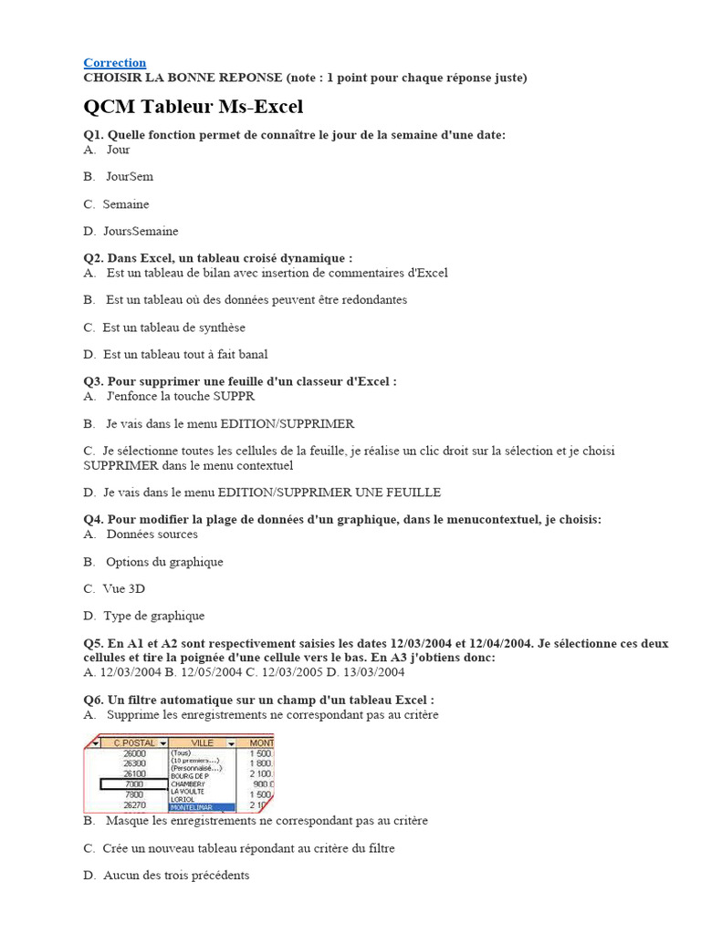 QCM Excel Niveau 1 - Correction | PDF | Microsoft Excel | Informatique