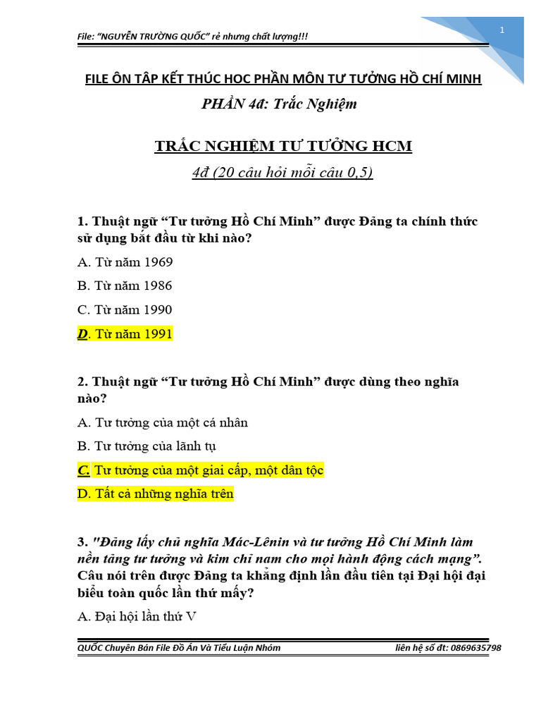 Phần 4đ Trắc Nghiệm Môn TƯ TƯỞNG HỒ CHÍ MINH NgTr.Quốc 1 | PDF