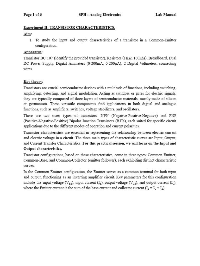 Experiment II - TRANSISTOR CHARACTERISTICS | PDF | Transistor | Bipolar ...
