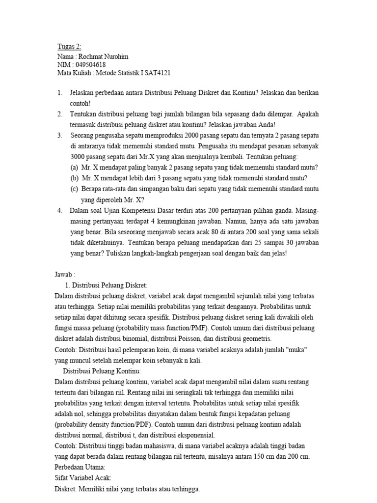 Tugas 2 Metode Statistik I SAT4121 | PDF