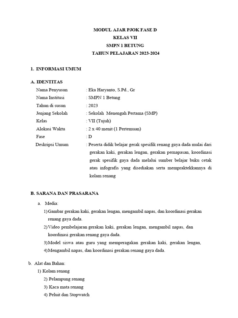 Modul Ajar Renang Gaya Dada Kelas VII | PDF