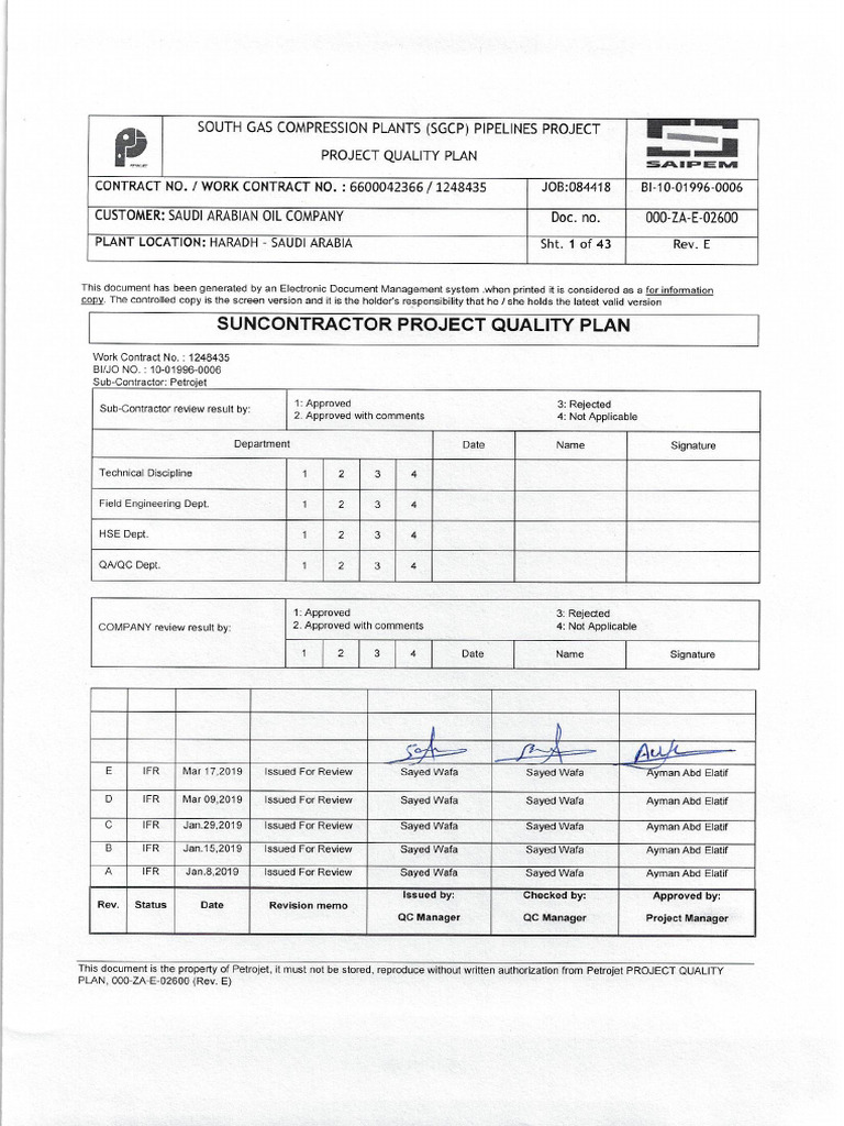000-ZA-E-02600, Project Quality Plan, Rev.E | PDF | Quality Management System | Quality Assurance