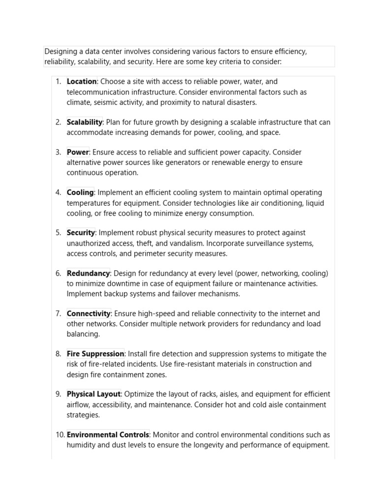 Designing A Data Center Involves Considering Various Factors To Ensure