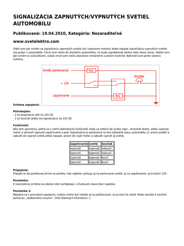 Signalizácia Zapnutých-Vypnutých Svetiel Automobilu | PDF