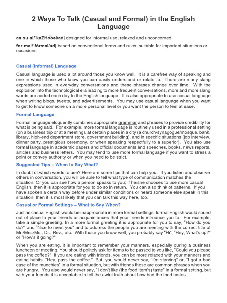Casual vs. Formal English Language | PDF | English Language | Slang