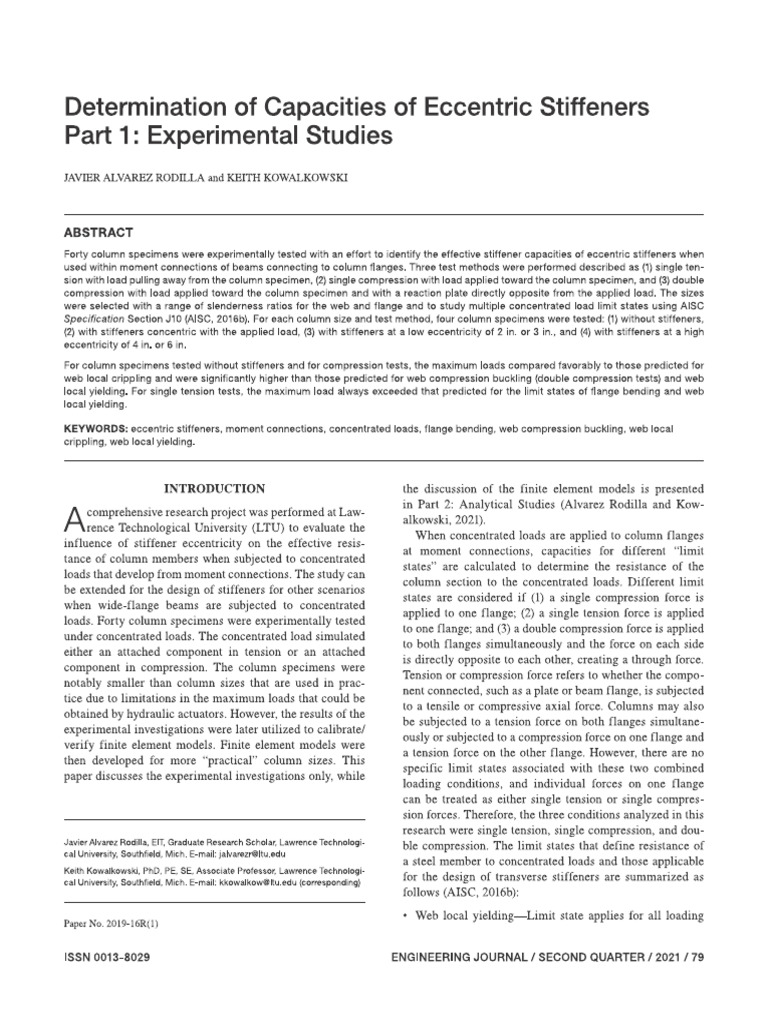 AISC Journal Capacities of eccentric stiffeners | PDF | Buckling | Deformation (Engineering)