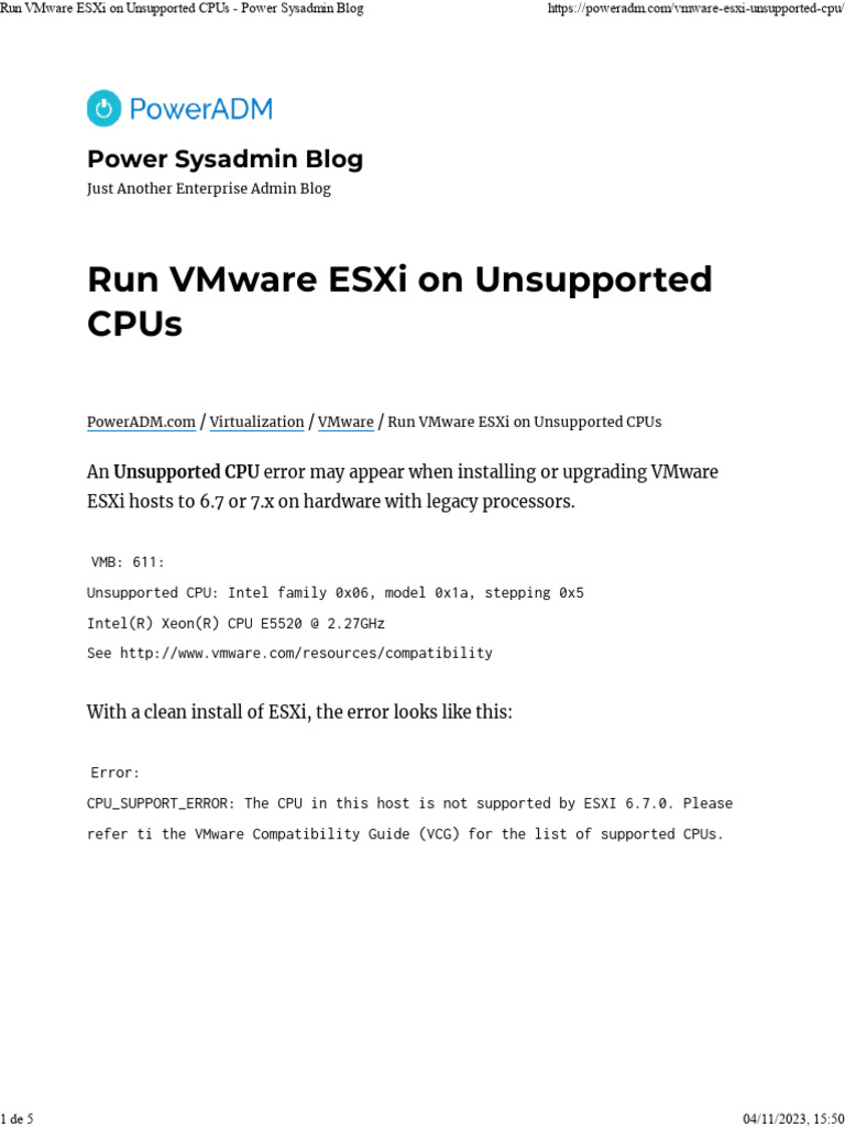 Run VMware ESXi On Unsupported CPUs - Power Sysadmin Blog | PDF | Central Processing Unit ...