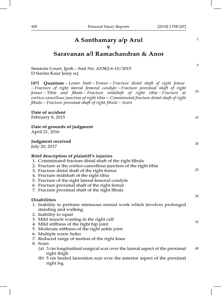 A Santhamary Ap Arul V Saravanan Al Ramachandran & Anor (2018) 2 PIR (47) | PDF | Knee | Damages