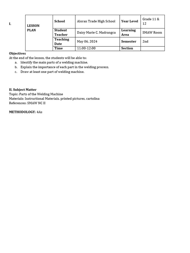1.lesson Plan Parts of Welding Machine | PDF | Teachers | Lesson Plan