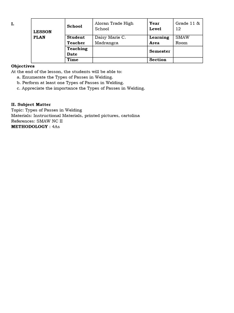 Types of Passes in Welding Lesson Plan | PDF | Teachers | Lesson Plan