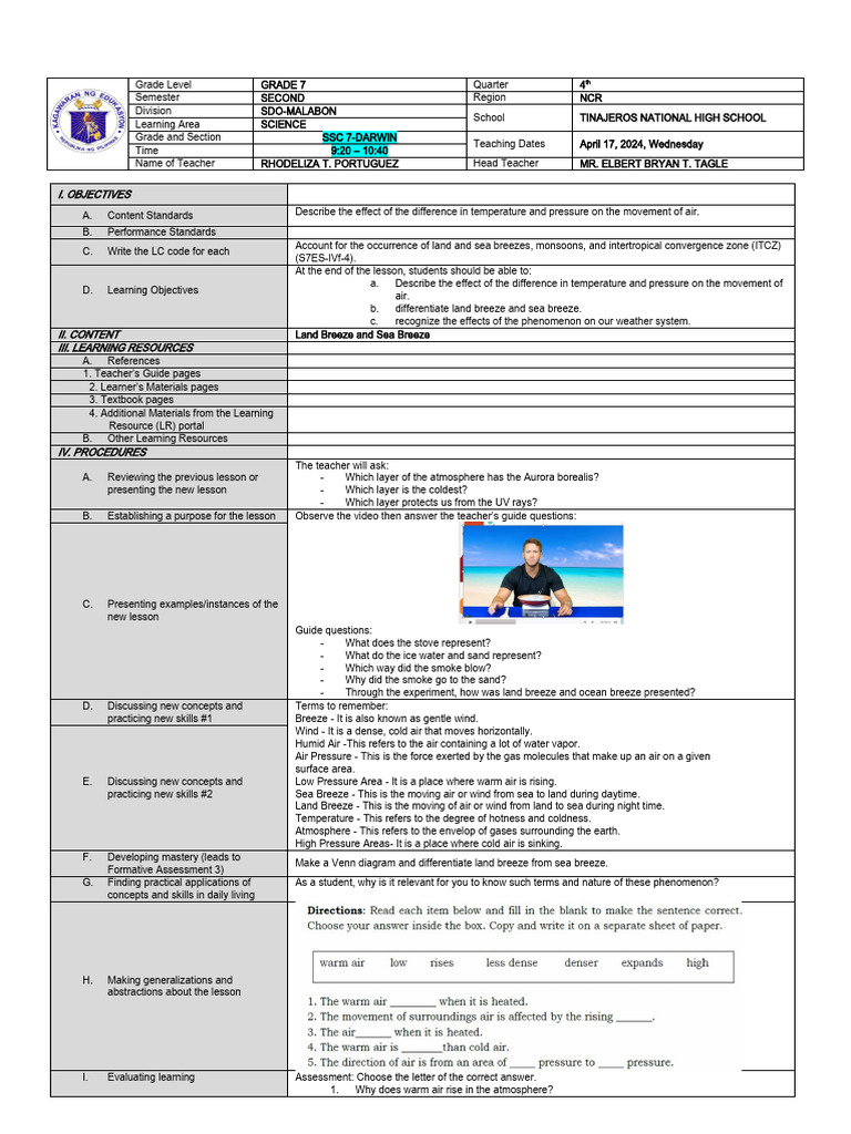 Grade 7 Science: Land and Sea Breezes | PDF | Atmosphere Of Earth | Wound
